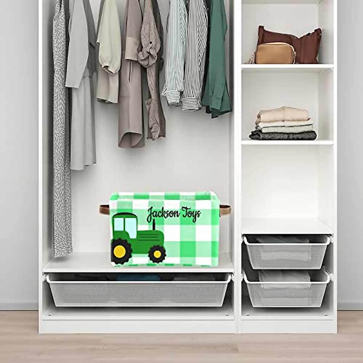 Tractor Green Checkers Personalized Large Storage Box for Toy,Bathroom,Nursery,Home Kitchen Shelves,Custom Closet Decorative Storage Bins 4 Pack