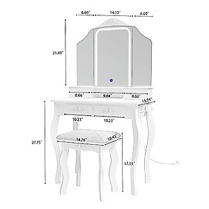 JIFULI Modern Vanity Table Set with Lighted Mirror & Power Outlet, Makeup Table with 4 Drawer, Embedded Lights Dressing Vanity Table with Cushioned Stool for Bedroom, White