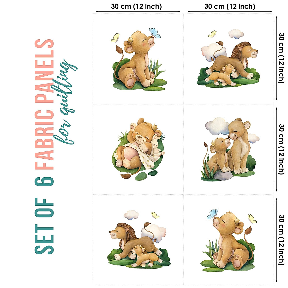 UNIQUE Lion Fabric Panel Set (6 Panels, 12x12in Each), Quilting Panels, Baby Quilt Panels, Cotton Baby Panels, Blanket Panel, Cotton Sateen Fabric Panels for Quilting