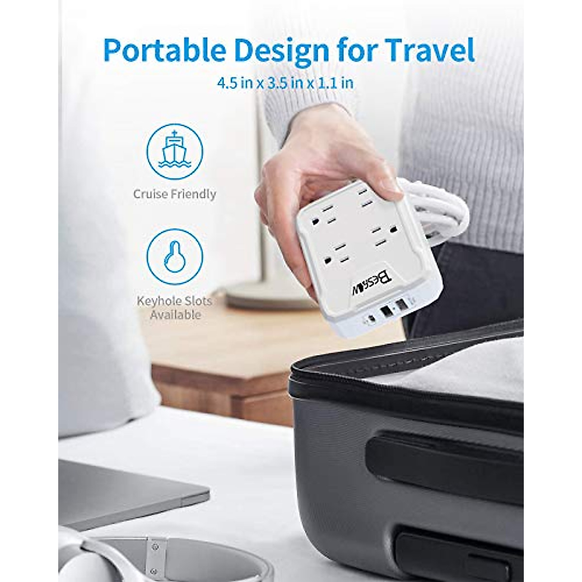 BESFAN Power Delivery Power Strip with USB C (20W), Electrical Outlet Extender with 4 Outlets, 2 USB-A Ports & 1 USB-PD Port, Flat Plug Extension Cord 4.6 Ft for Travel/Home/Office