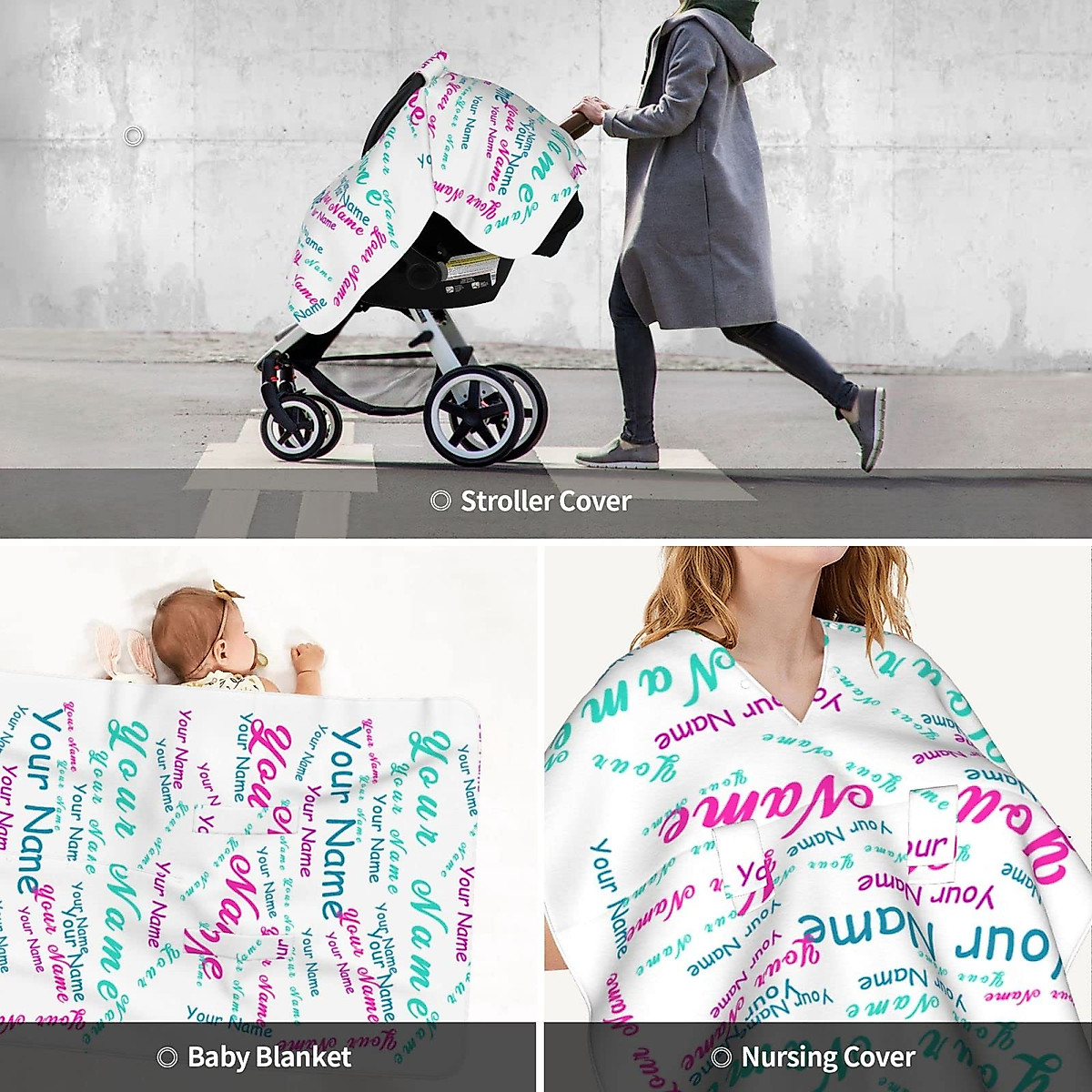 Personalized Baby Car Seat Covers for Babies with Name，Custom CarSeat Canopy Covers for Girls Boys，Nursing Breastfeeding Cover for Infant Car Seat.