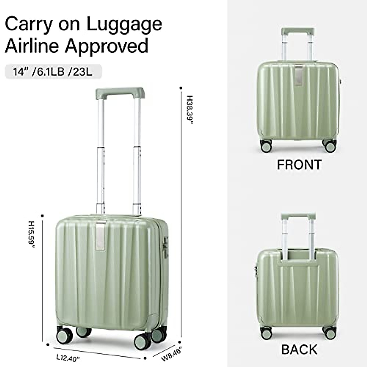 Hanke 14 Inch Underseat Carry On luggage with Wheels, Lightweight Mini Suitcase for Weekender, PC Hardside Small Carry On Bag with TSA Lock,Travel Suit Case Women men（Bamboo Green）