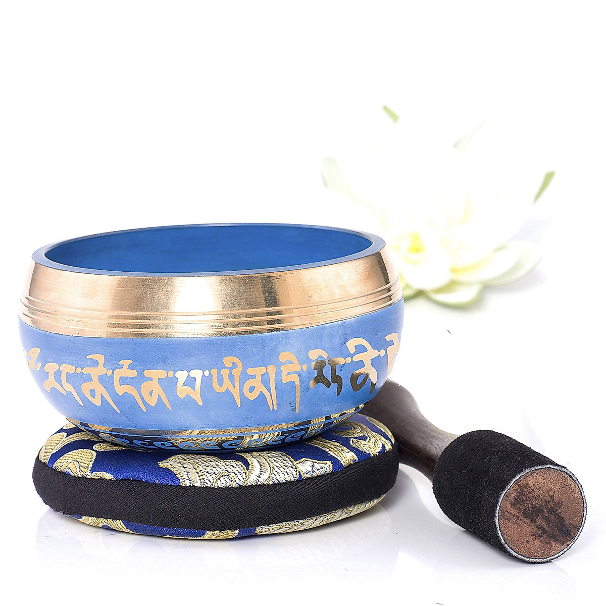 Gratitude Pattern ~ Blue Bowl with Blue Pillow and Peace Pattern ~ Gold Bowl with Black Pillow