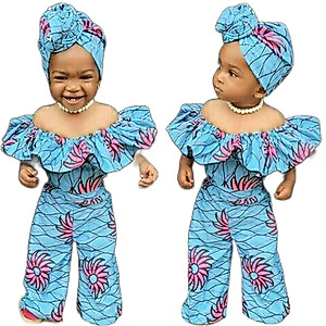 Shan-S Newborn Infant Toddler Jumpsuit Overalls Kids Baby Girls Off Shoulder Dashiki African Romper + Headband Outfit