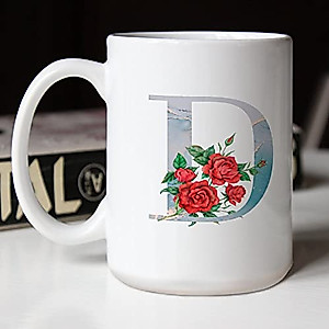Monogram Letter D Coffee Mug Watercolor Blue Letter Rose Flower Funny Coffee Mugs Alphabet Letters Drinking Cups Drinking Cups with Handle Retirement Gifts For Mom Dad Grandma Grandpa Women Men 15oz