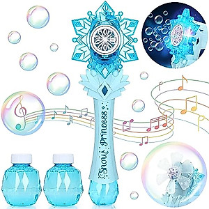 2 in 1 Princess Magic Bubble Blower Wand Machine for Kids, Snowflake Maker Wand Toys with Windmill & Light Up LED & Music, Outdoor Christmas Birthday Gift for Girls