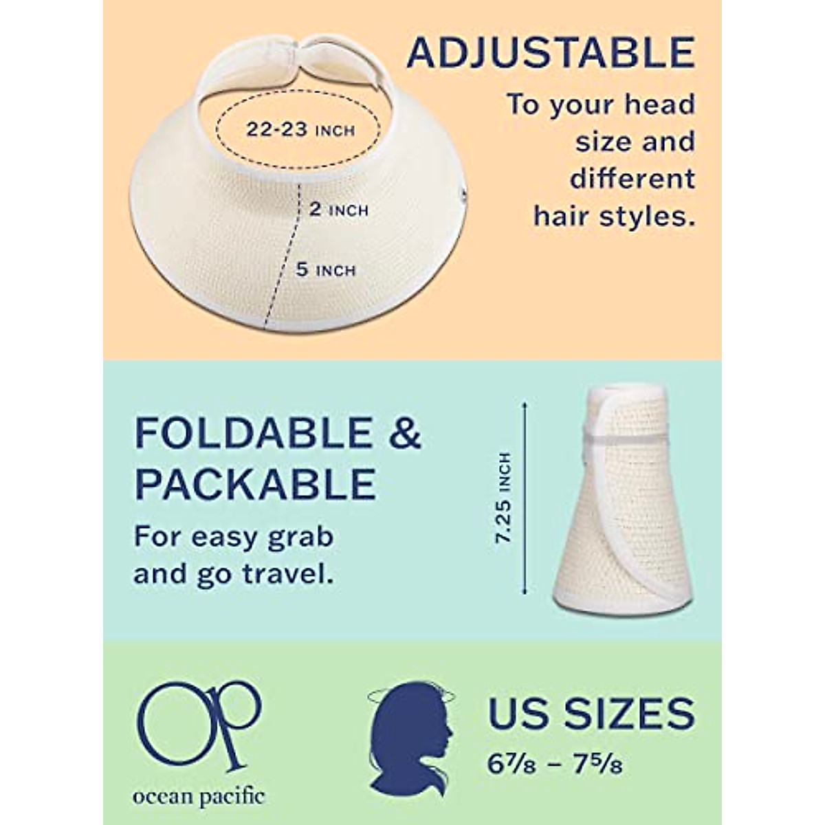 Ocean Pacific Beach Roll Up Straw Sun Hat Visor for Women, Sun Protection UPF 50 (White)