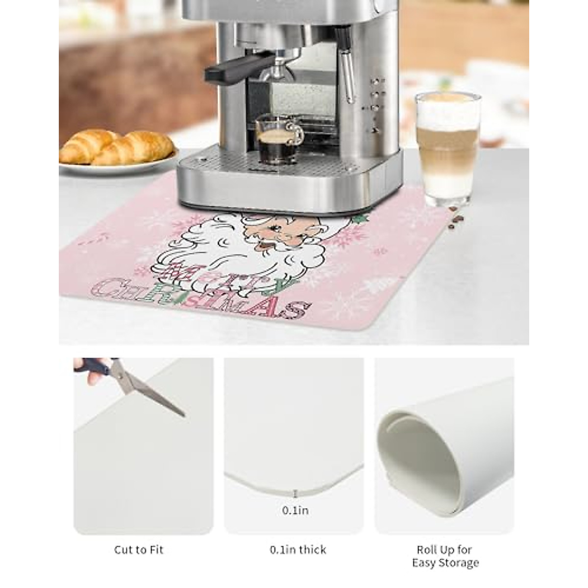 LaBLUUX Coffee Mat for Counter, Merry Christmas Cute Pink Santa Absorbent Hide Stain Coffee Bar Mat, Non-Slip Coffee Bar Accessories Kitchen Drying Mat Fit Under Coffee Maker Espresso Machine