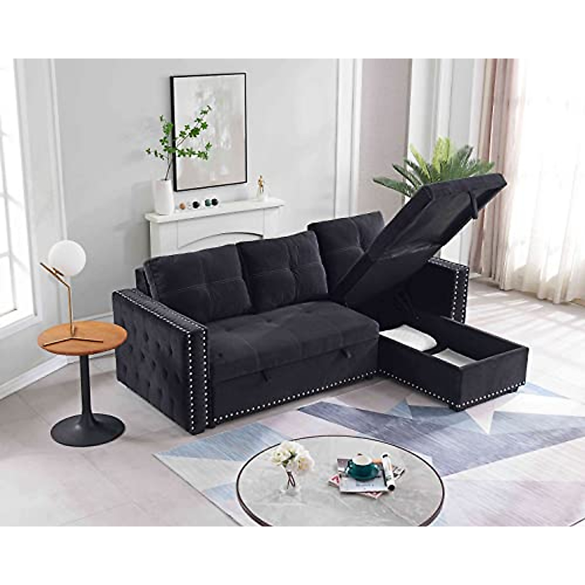 Tulib Reversible Sectional Sofa with Chaise, Sleeper Couch Storage and Pull Out Bed, Button Tufted Nail Head Trim Seating Furniture for Living Room, 91 Black
