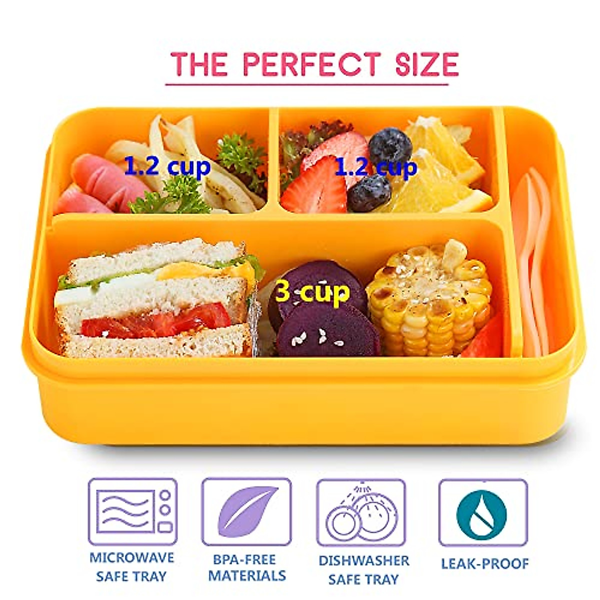 ZZQ Bento Box Lunch Box, Lunch Box Containers for Kids & Adults, 4 Compartment Container for Schools Lunch with Bag, Cutlery, Microwave Safe, BPA Free On-the-Go Meal Prep Containers (Yellow)