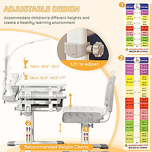 Qaba Kids Desk and Chair Set, School Study Desk with USB Light, Storage Drawer for Writing, Activities, Arts, or Crafts, Gray and White