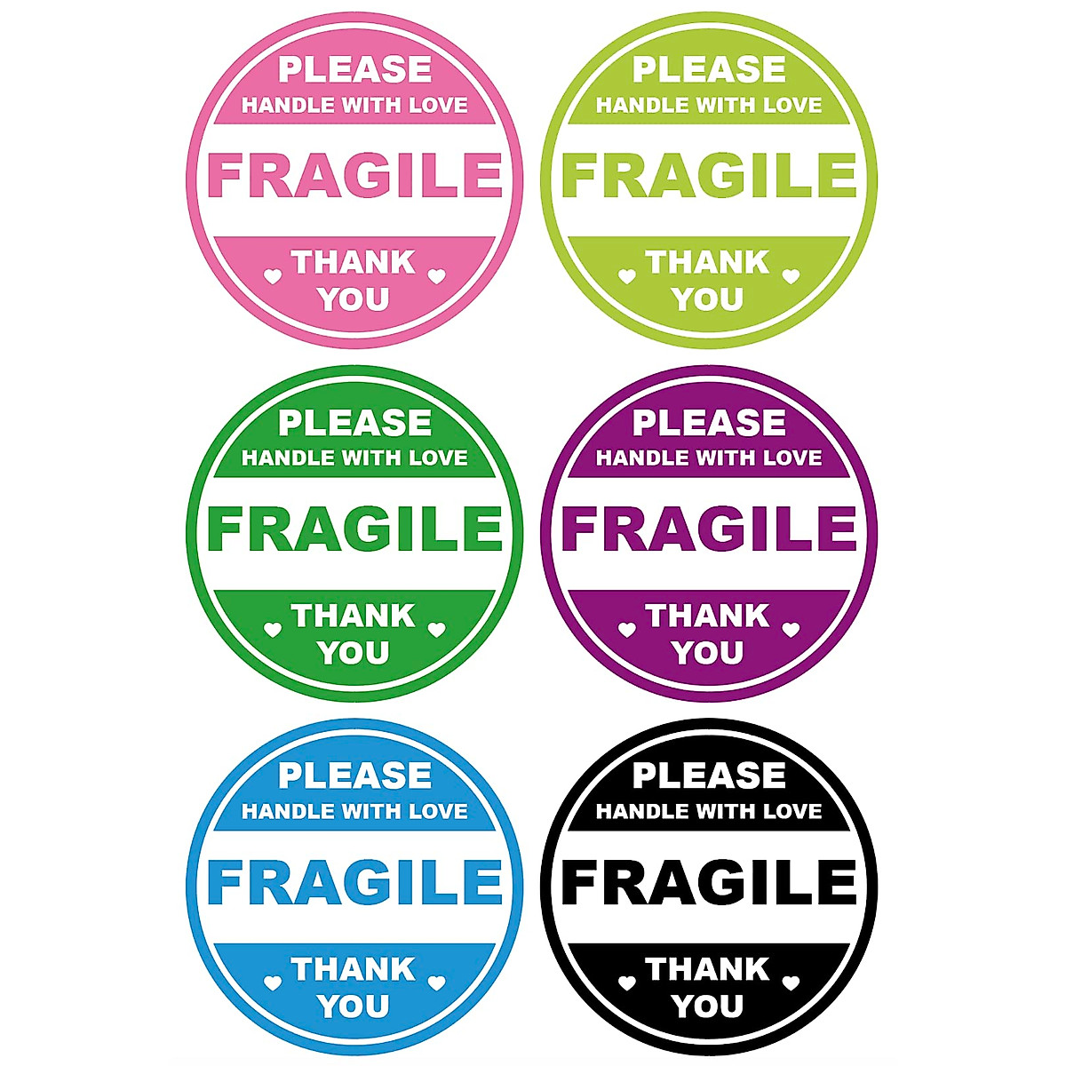 2 inch 300 PCS 6 Color Fragile Stickers for Shipping Please Handle with Love and Thank You Waterproof Stickers