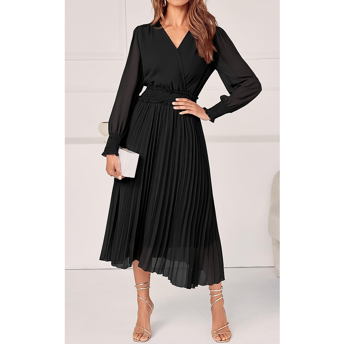 PRETTYGARDEN Wrap V Neck Spring Dresses for Women 2024 Long Sleeve Smocked Wedding Guest Dresses Flowy Pleated Midi Dress (Black,X-Large)