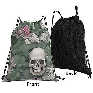 Flower And Skull Drawstring Backpack For Men And Women'S Sports And Fitness Bag, Large Size, Zippered Pocket, Lightweight, Foldable And Portable For Travel