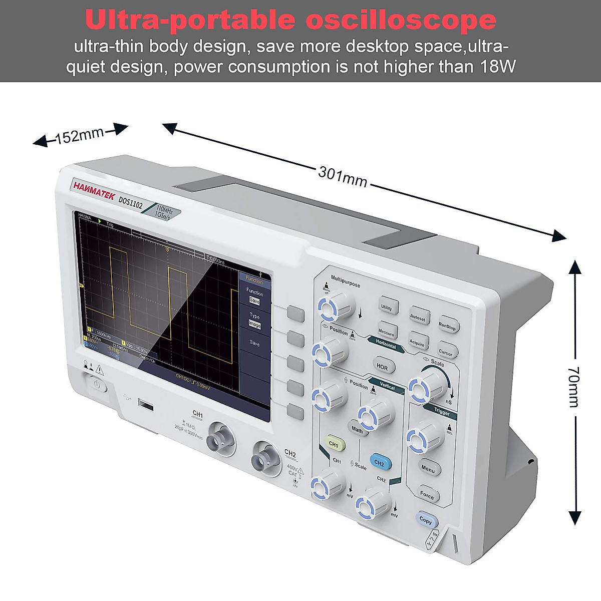 HANMATEK 110mhz Bandwidth DOS1102 Digital Oscilloscope with 2 Channels and Screen 7 inch / 18 cm, TFT-LCD Display, Portable Professional Oscilloscope Kit with 500 MS/s *2 Sampling Rate