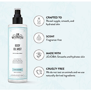 J.R. Watkins Unscented Body Oil Mist, Hydrates Skin with Plant-Based Ingredients, Fragrance-Free, 4.8 oz