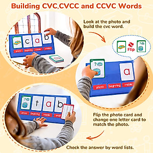 Gamenote Word Building Desktop Pocket Chart Tent Flash Cards Kit - CVC Words Phonics Games Blending Board for Kindergarten Reading and Spelling