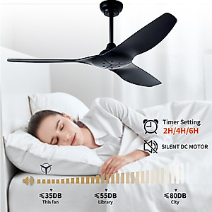 HUMHOLD 52" Ceiling Fan no Lights with Remote, Reversible DC Motor 6-Speed Ceiling Fan, 3 Blades Black Ceiling Fan without Light, Modern Propeller Ceiling Fans for Bedroom, Living Room