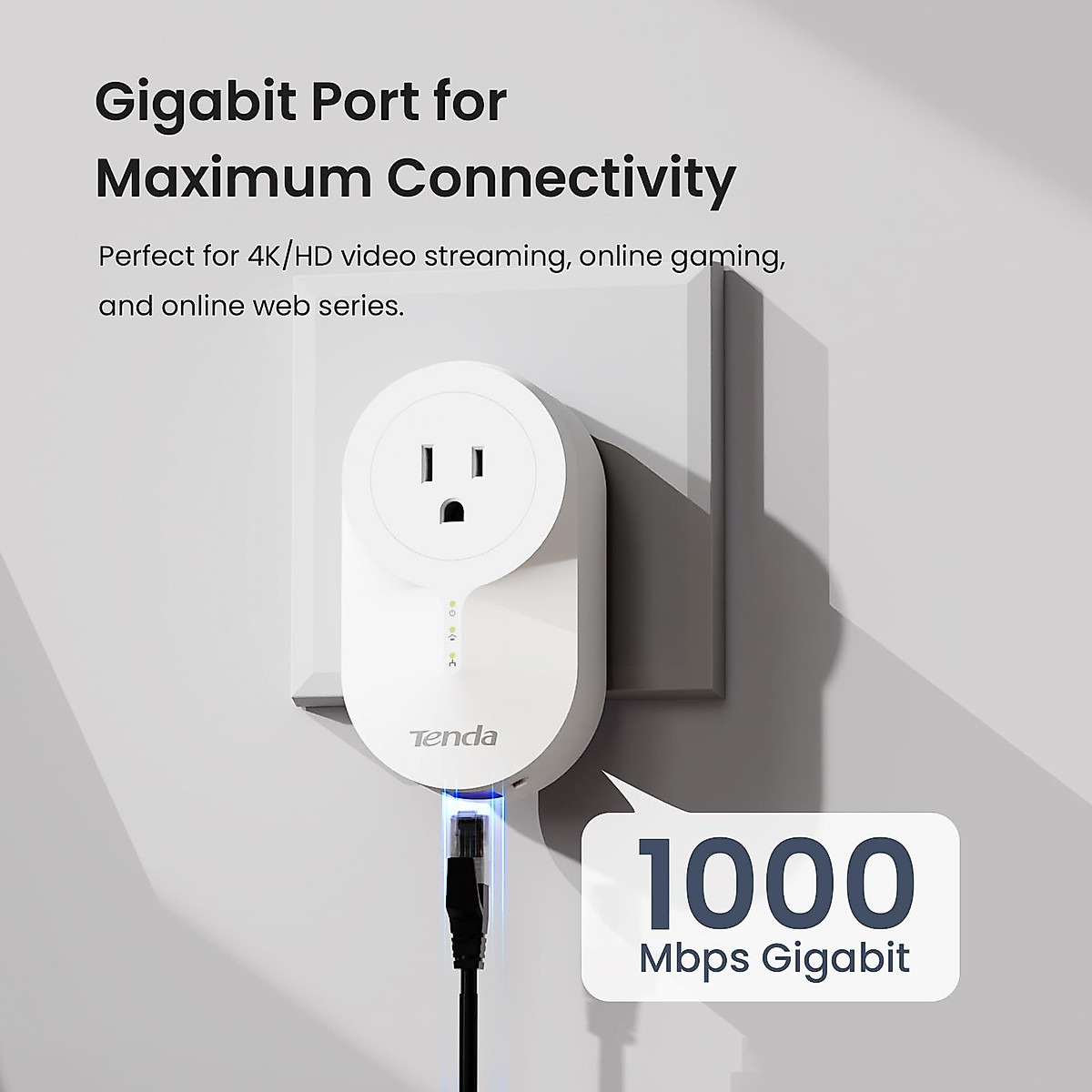 Tenda AV1000 Powerline Etherne Adapter Kit with Gigabit Ports, Ethernet Over Power, Plug&Play, Power Saving, Power Outlet Passthrough, Ideal for Gaming (PH6)