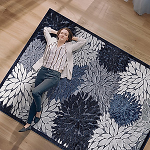 CAMILSON Indoor/Outdoor Rug, Navy Blue 5x7 Floral Exotic Tropical Area Rugs for Indoor and Outdoor patios, Easy-Cleaning Non-Shedding Living Room, Garden and Kitchen Washable Outside Carpet (5 x 7)