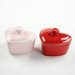 Bicuzat Heart-Shaped Dessert Bowl with Lid Ceramic Baking Bowl Rice Bowl-5 OZ-Red