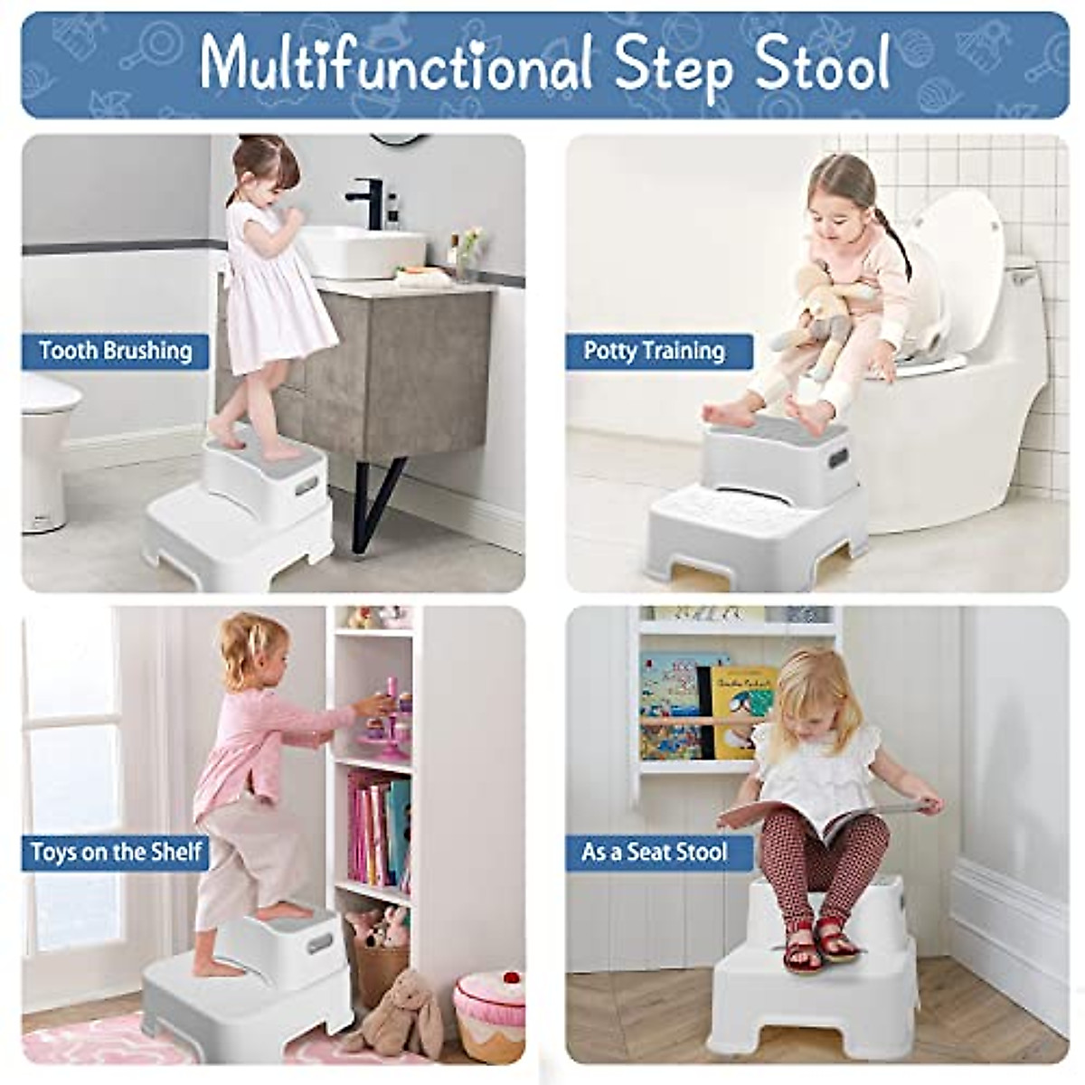 2 Step Stool for Kids and Toddler,Anti-Slip Sturdy Bathroom Toilet Step Stools,Double up Step Stool with Soft Grips,for Potty Training,Sink,Kitchen(White)