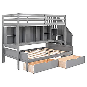Polibi Twin XL Over Full Bunk Bed with Built-in Storage Shelves, Drawers and Staircase, Solid Wood Bunk Bed Frame with Full Length Guardrail, Grey
