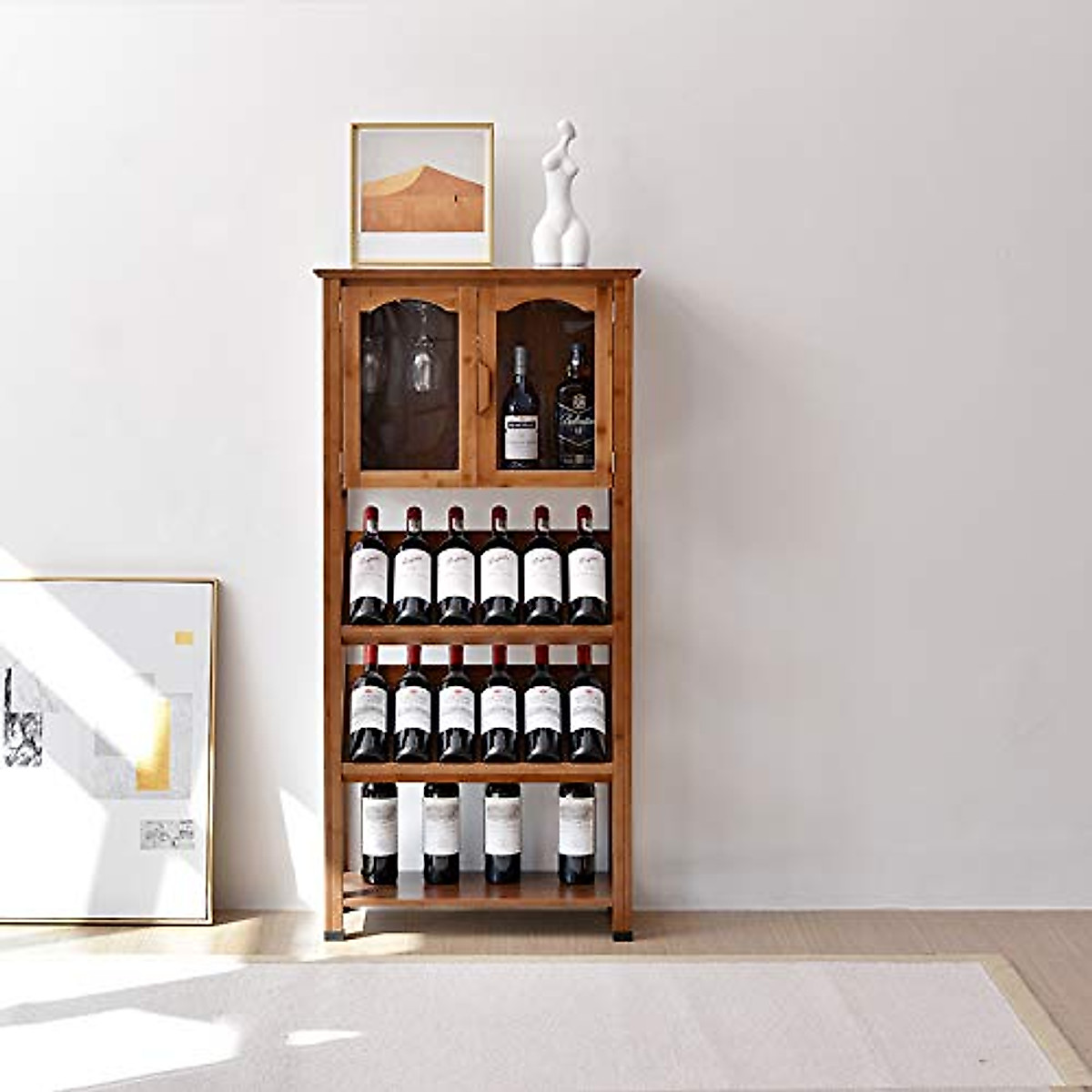 WITANHURST Mini Home Bar Cabinet with Wine Glass Storage, Bamboo Wine Cabinet Bar Furniture Wine Storage Racks Shelf Bottles Holder Organizer, Wine Glass Rack Holds 6 Stemmed Wine Glasses