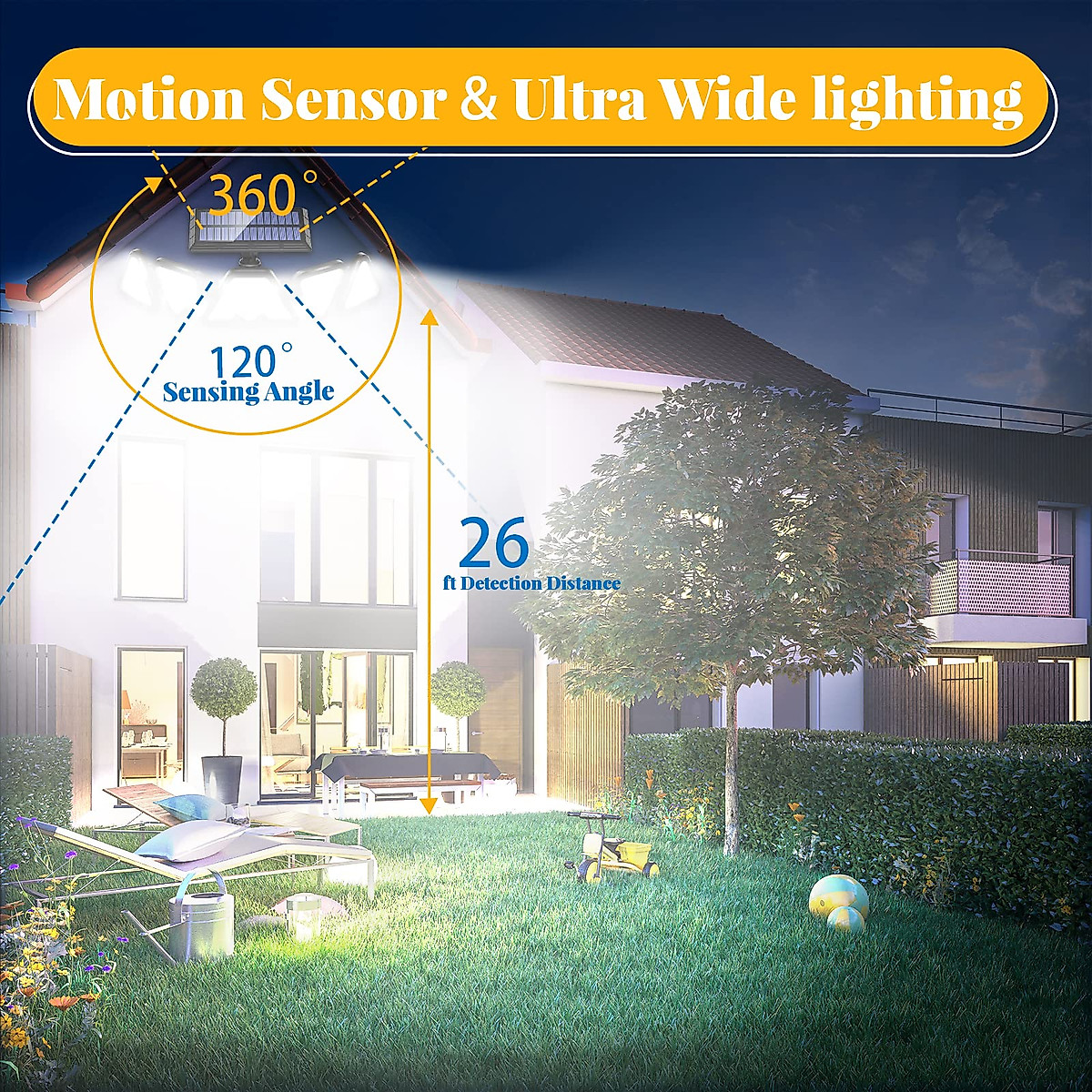 Neloodony Solar Lights Outdoor, 5 Heads Motion Sensor Outdoor Lights, IP65 Waterproof Solar Outdoor Lights, 329 LED Outdoor Lights for Garden, Patio, Yard, Garage, Front Door.