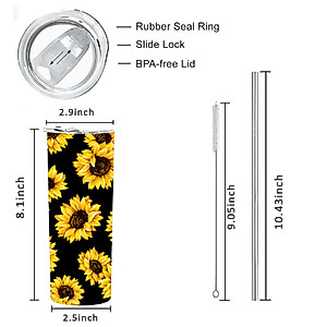 RNFENQS Sunflower Skinny Tumblers with Lids and Straws, Stainless Steel Vacuum Insulated Double Wall Travel Tumbler Cups 20 OZ for Coffee, Beverages, Tea