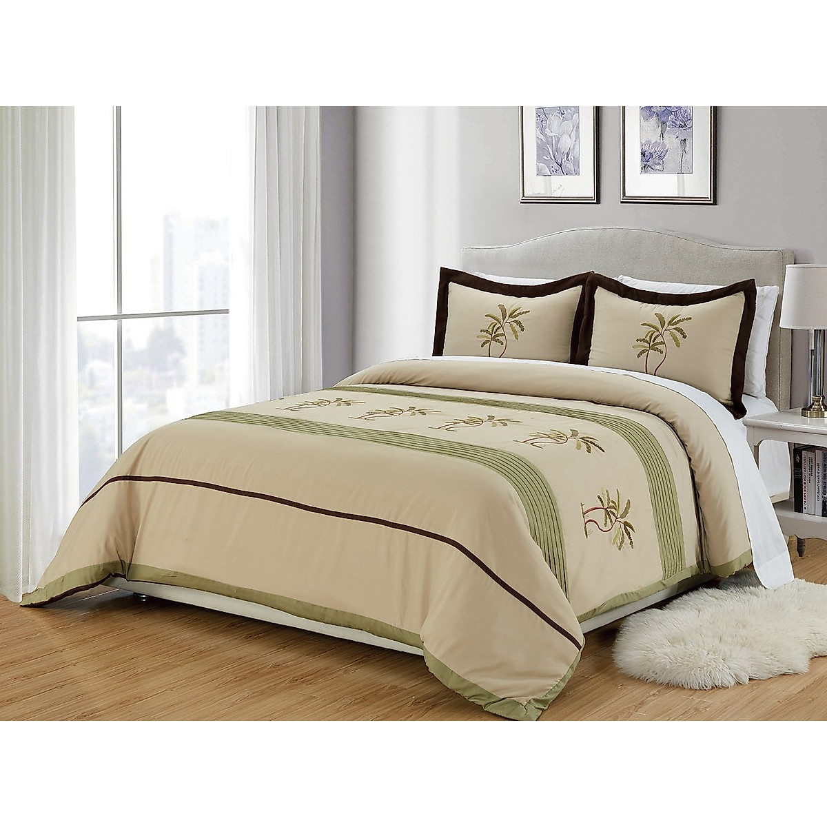 3-Piece King Size Duvet Cover Set in Sage Green/Beige/Brown Colors. Tropical Palm Tree Embroidered Set - Luxury, Ultra Soft and Durable