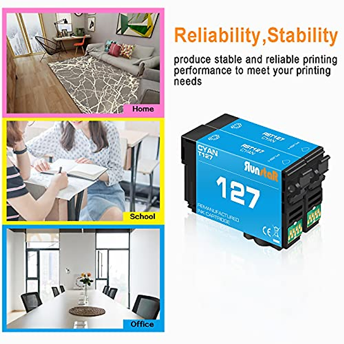 Run Star 2 Pack 127 Cyan Remanufactured Ink Cartridge Replacement for Epson 127 T127 use for Epson Workforce 60 530 625 545 645 840 845 WF-3520 WF-3540 WF-7010 WF-7510 WF-7520 Printer (2 Cyan)