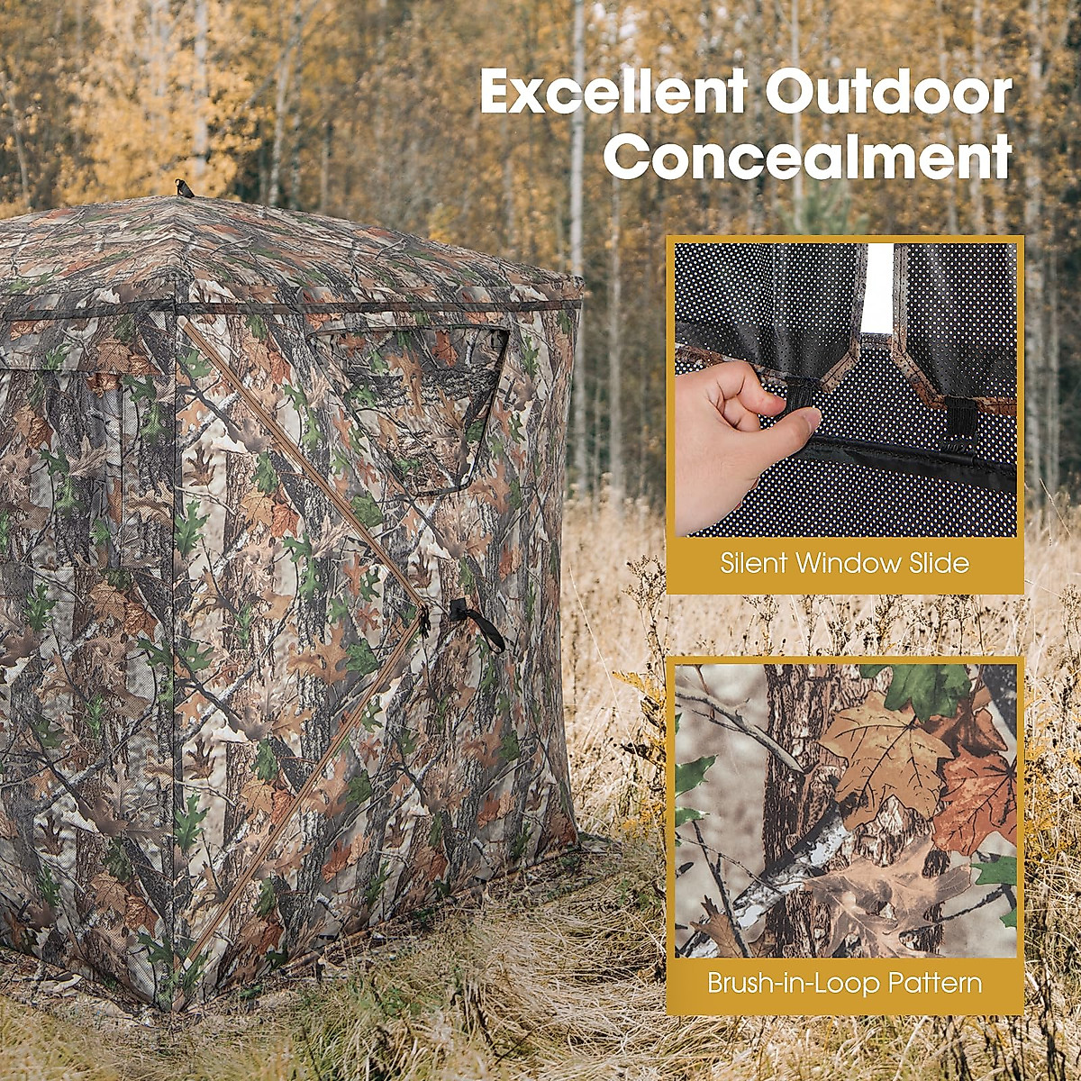 HAPPYGRILL Hunting Ground Blind for 2-3 Person, 270° See Through Hunting Blind with Storage Bag, Panoramic Window, Silent Window Slide, Portable Pop Up Blind Hunting Tent