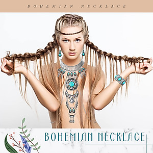 4 Pieces Boho Turquoise Jewelry Set Includes Boho Statement Necklace Body Chains Alloy Oval Resin Drop Dangle Earrings Adjustable Heart Compressed Turquoise Bracelet Turquoise Statement Ring for Women