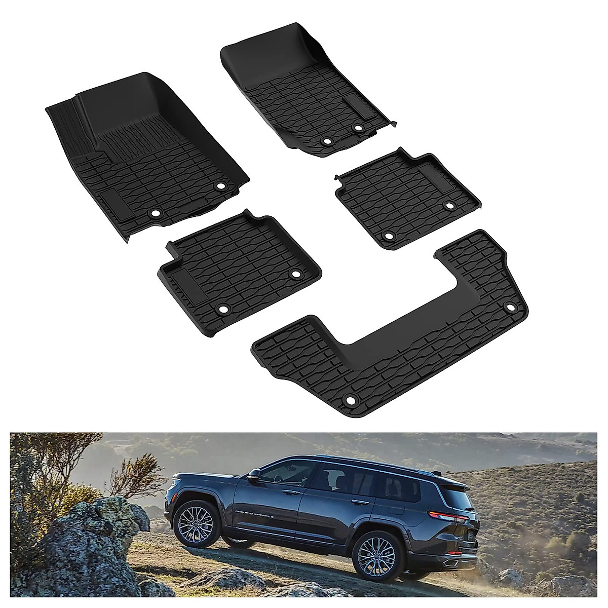 KIWI MASTER Floor Mats for 2021-2025 Jeep Grand Cherokee L OEM Replacement 82216640AA All Weather Mat Custom Fit TPE Front Rear 3-Row Liners, Black