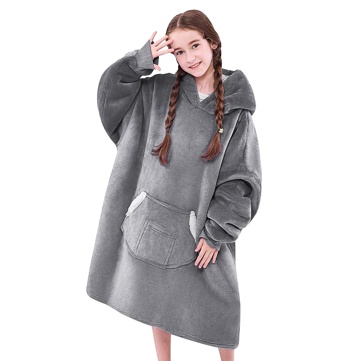 NORD ECO Wearable Blanket Hoodie for Kids, Blanket Hoodie For Kids With Hood And Pocket, Sherpa Oversized Cozy Blanket Sweatshirt As Gifts For Girls Boys Kids (Grey)