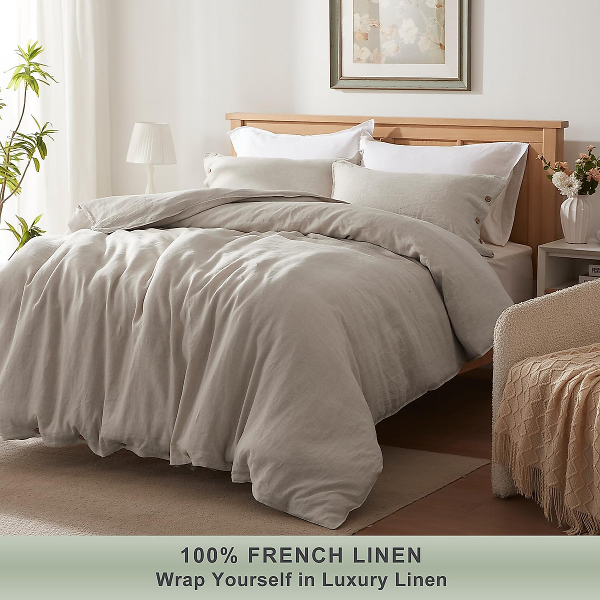 TOSMO 100% Linen Duvet Cover Set with Button Closure, 3 Pieces (1 Duvet Cover with 2 Pillowcases), Soft Breathable Durable Farmhouse Bedding - Queen, Natural Linen