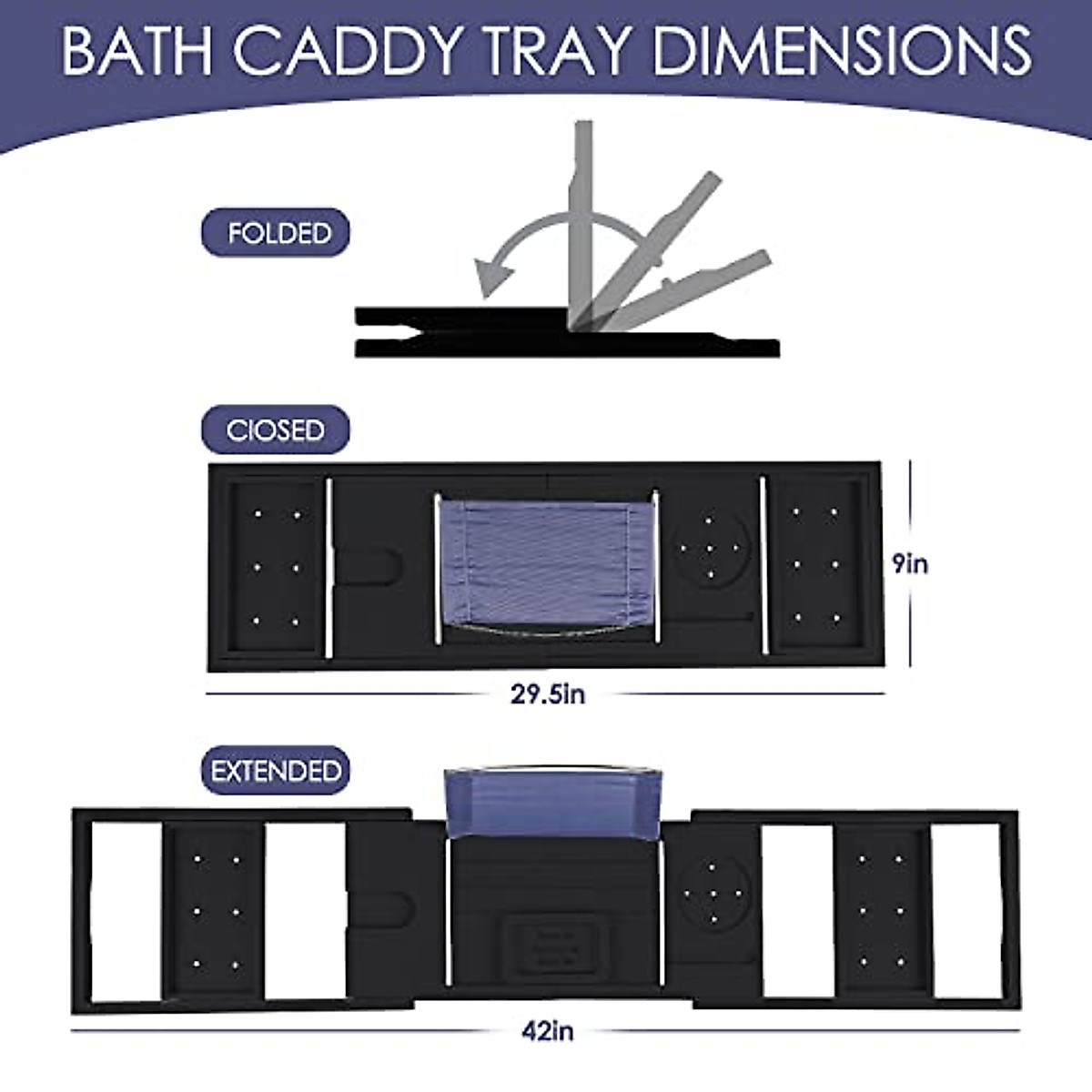 Foldable Bathtub Caddy Tray, Bamboo Bath Tub Tray Table for Tub with Wine Glass Holder Book Phone Tablet Holder with Extending Sides, Adjustable Bathroom Bathtub Free Soap Holder Gift Idea (Black)