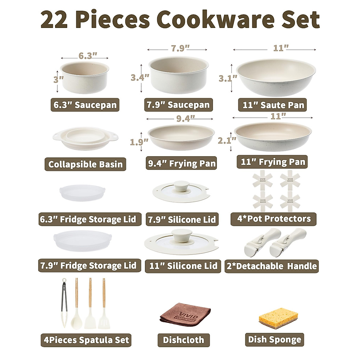 VIVIDCOOKWARE 22pcs Pots and Pans Set Non Stick, Ceramic Cookware Set with Detachable Handle, Pot Sets for Cooking Nonstick with Collapsible Dish Basin, Oven Safe