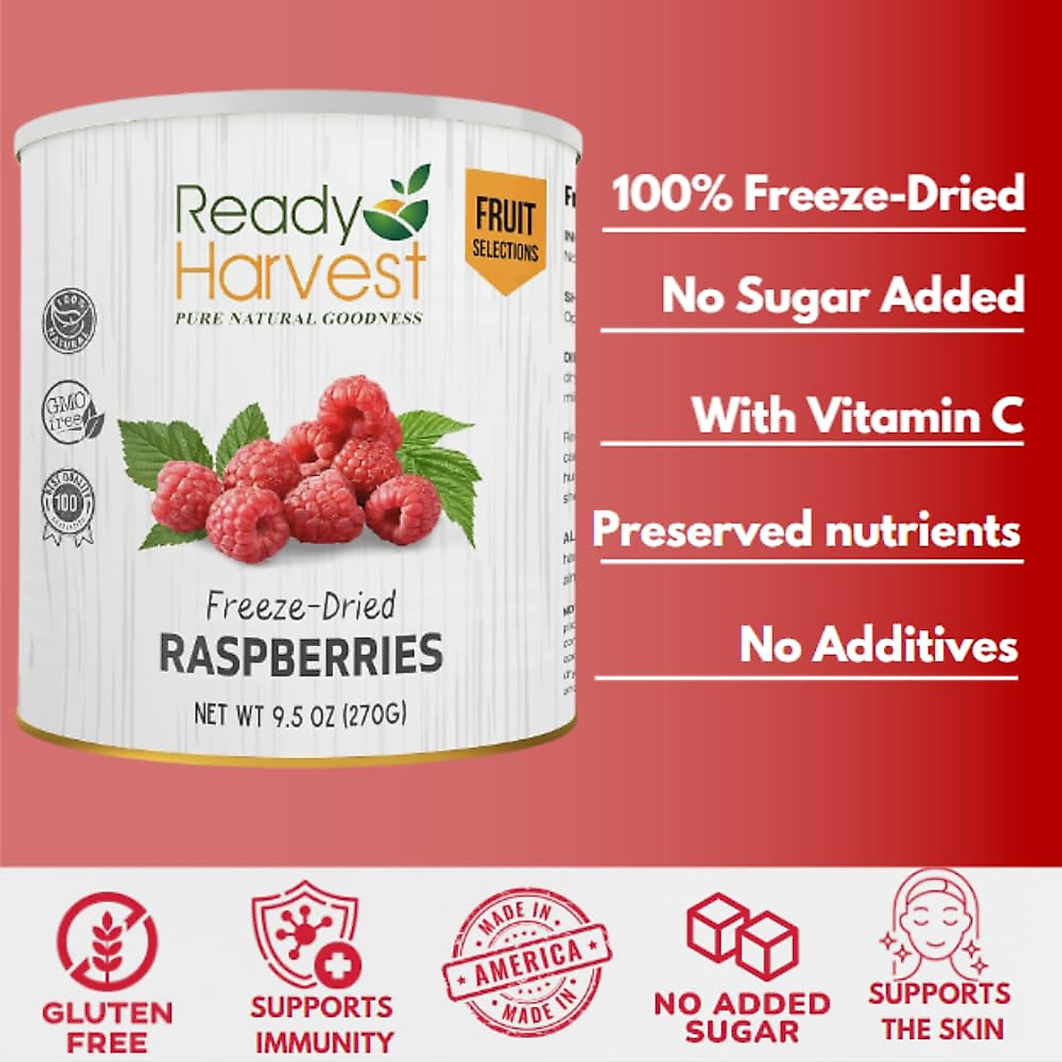 Ready Harvest Freeze Dried Raspberries Whole Foods for Emergency Food Storage, Camping Supplies, and Survival Kits | Sealed Fresh in #10 Can | 30 Year Shelf Life | 1 Can