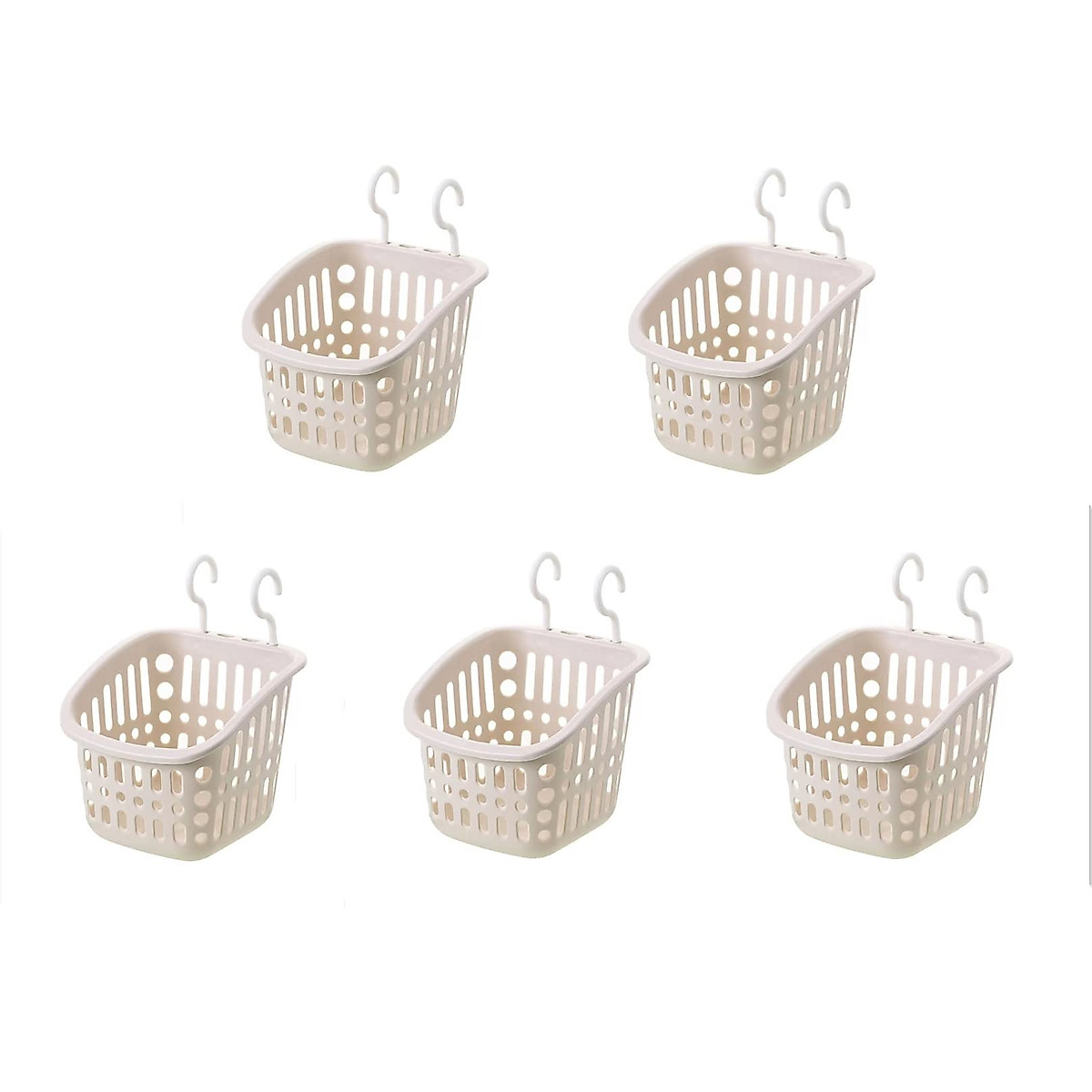 Doitxue 5PCS Plastic Hanging Baskets for Shower, Hanging Basket Organizer with Hooks, Square 6.3Inches Small Hanging Storage Basket (Beige)