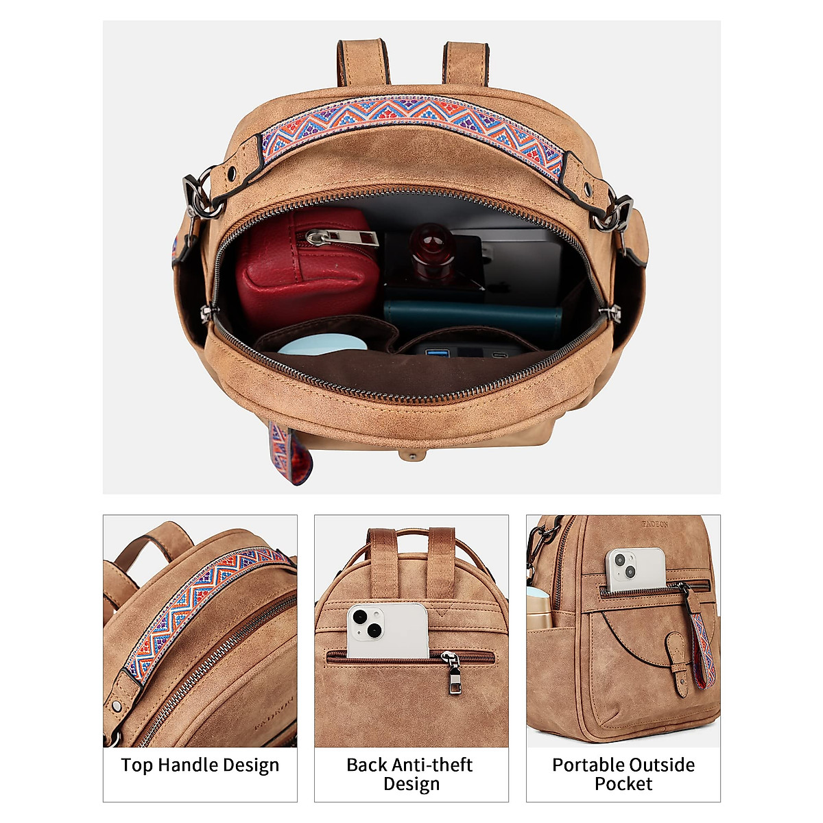 FADEON Mini Backpack Purse for Women, Designer Leather Cute Roomly Small Backpacks, Ladies Shoulder Backpack Fashion Handbag