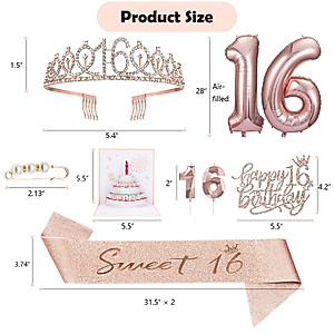8pcs Sweet 16 Birthday Decorations for Girls, Including 16th Happy Birthday Cake Toppers, Birthday Queen Sash with Pearl Pin, Sweet Rhinestone Tiara Crown, Number Candles and Balloons Set, Rose Gold