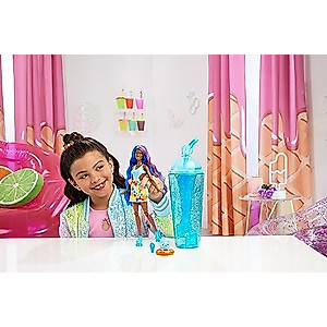 Barbie Pop Reveal Doll & Accessories, Fruit Punch Scent with Blue Hair, 8 Surprises Include Slime, Color Change & Puppy