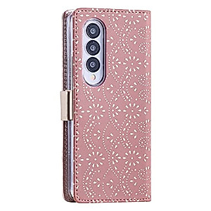 Compatible with Samsung Galaxy Z Fold4 5G 2022, Leather Zipper Wallet Flower Lace Pattern Case with Credit Card Slots Holder Cover Case for Galaxy Z Fold 4
