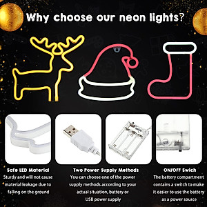 3 Pieces Christmas Neon Sign Night Light LED Elk Christmas Stocking Christmas Hat Neon Wall Decor Lights USB and Battery Powered Neon Christmas Light Sign for Bedroom Kids Xmas Gifts Home Wedding Bar