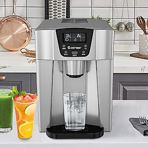 COSTWAY 2 in 1 Countertop Ice Maker with Built-in Water Dispenser, Produces 36 lbs Ice in 24 Hours, Ready in 6 Mins, with LCD Control Panel, Portable Ice Cube Machine for Home, Bar, Party (Silver)