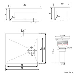 OUGOO Kitchen Sink, 22 x 18 Drop in Sink, 9" Deep Single Bowl Kitchen Sinks, 304 Stainless Steel Topmount Kitchen Sink with Strainer & Bottom Grid, Black