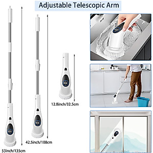 Electric Spin Scrubber, Cordless Cleaning Brush with Adjustable Extension Arm 9 Replaceable Cleaning Heads, LED Screen Voice 3 Adjustable Speeds Power Shower Scrubber for Bathroom, Tub, Tile, Floor