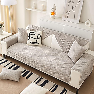 vctops Luxury Velvet Plush Couch Sofa Cover Geometric Quilted Sectional Couch Covers Anti-Slip Sofa Slipcovers for Dogs Cats Kids Loveseat Recliner L Shaped Armrest Backrest (Light Grey,43"x82")